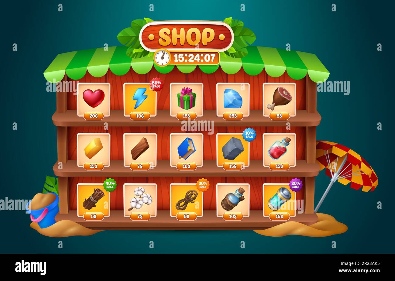 Cartoon game shop window with assets on wooden shelves. Vector ...