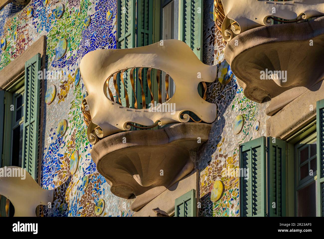 Balcony of the facade of the Casa Batlló in a shape of a barn owl skull ...