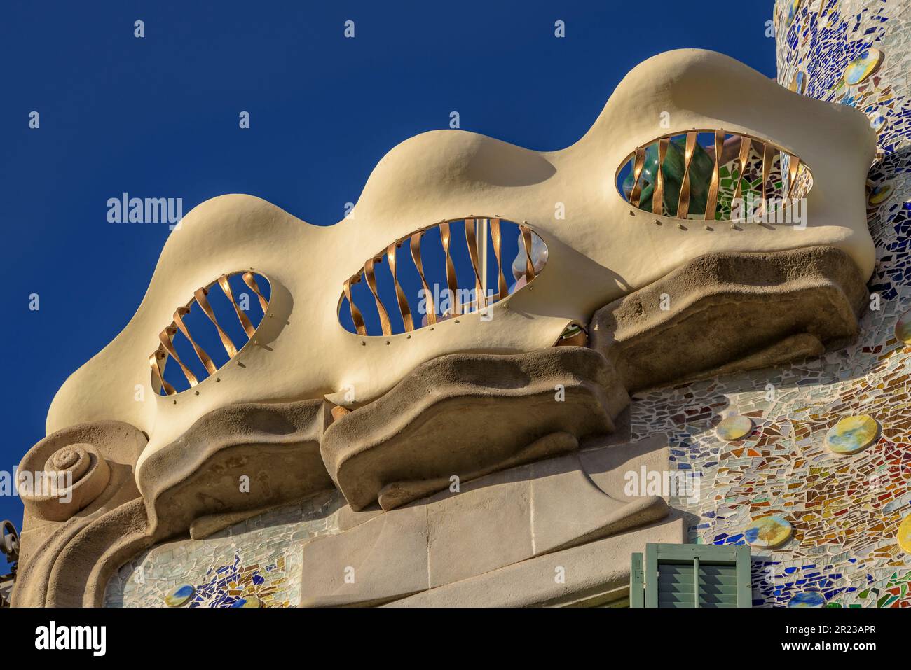 Balcony of the facade of the Casa Batlló in a shape of a barn owl skull ...