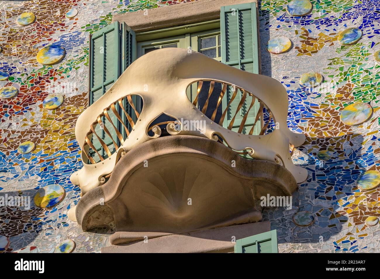 Balcony of the facade of the Casa Batlló in a shape of a barn owl skull ...