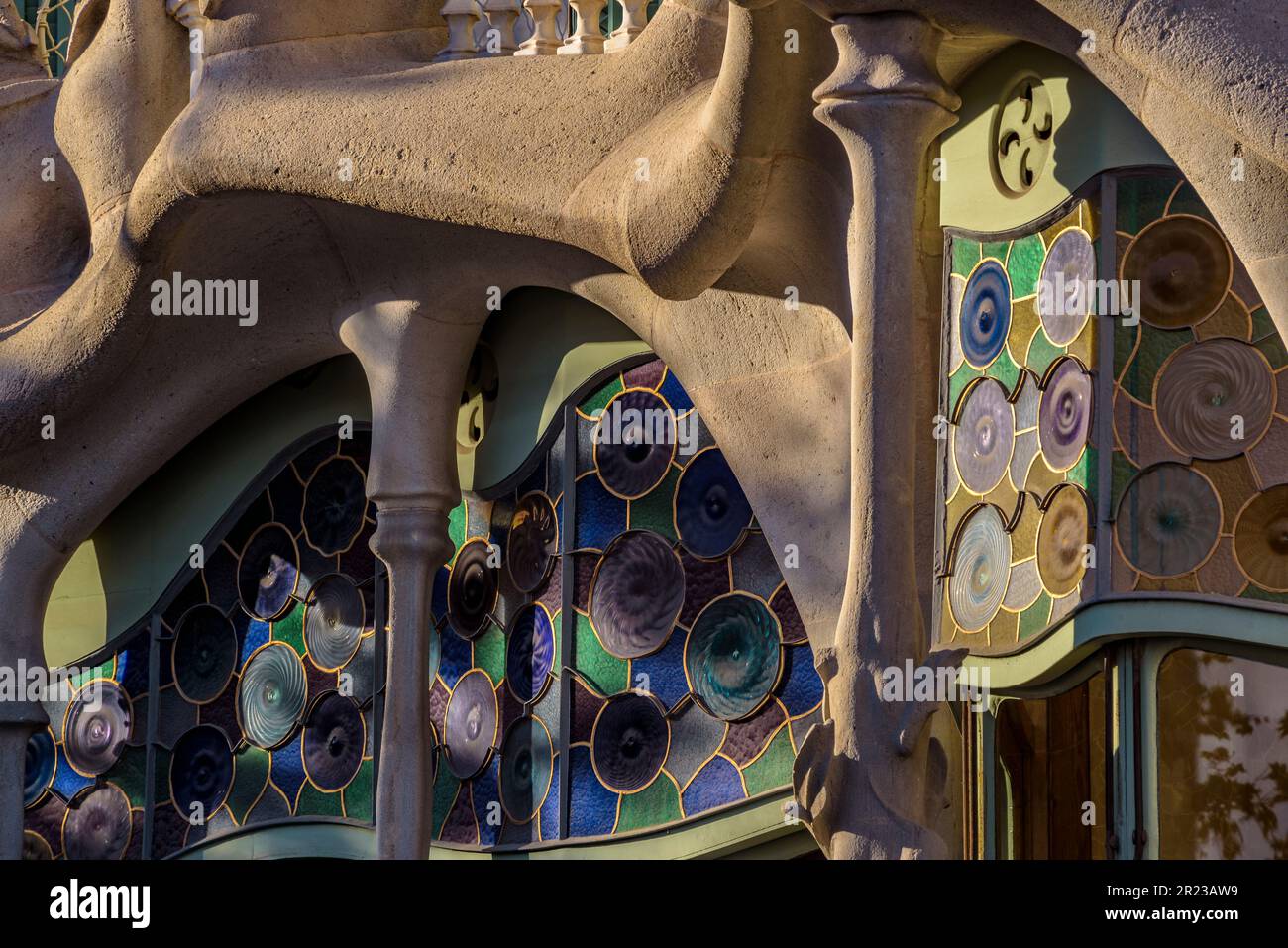 Detail of a bat-shaped window on the main floor of the Casa Batlló ...