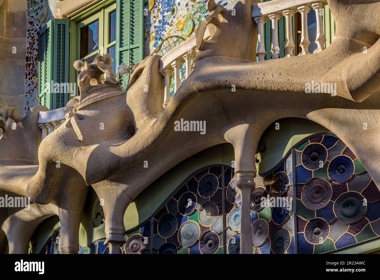 Detail of a bat-shaped window on the main floor of the Casa Batlló ...