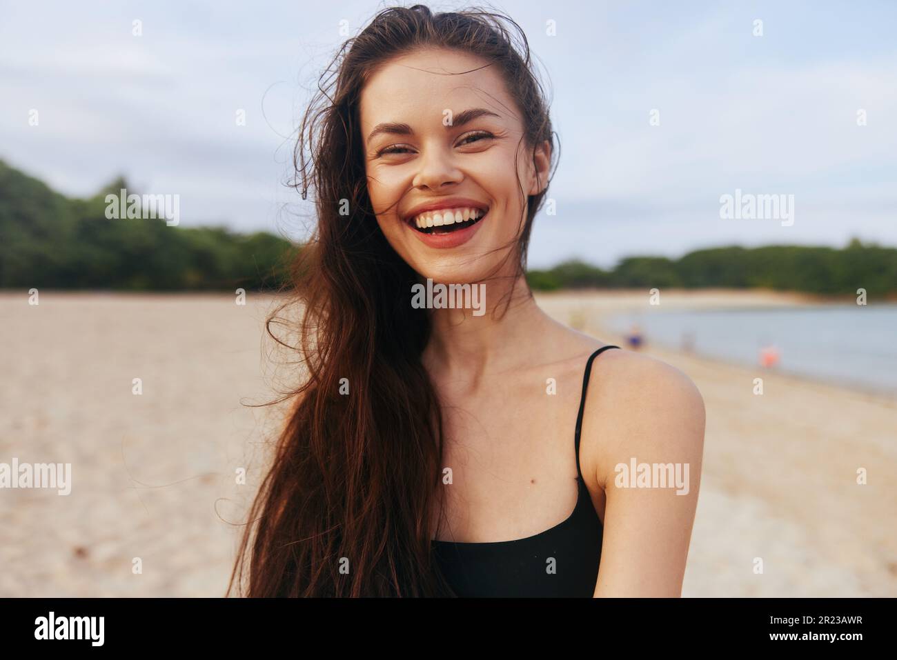 vacation woman sand beach smile sunset summer lifestyle sea ocean ...