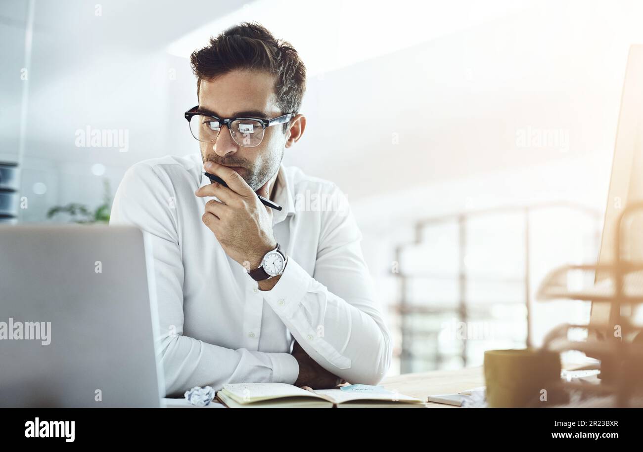 Computer, thinking and business man in office, working on project or ...