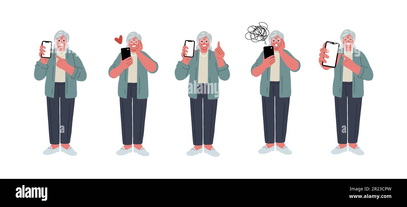 Senior woman with mobile phone,different emotions.Vector Illustration ...