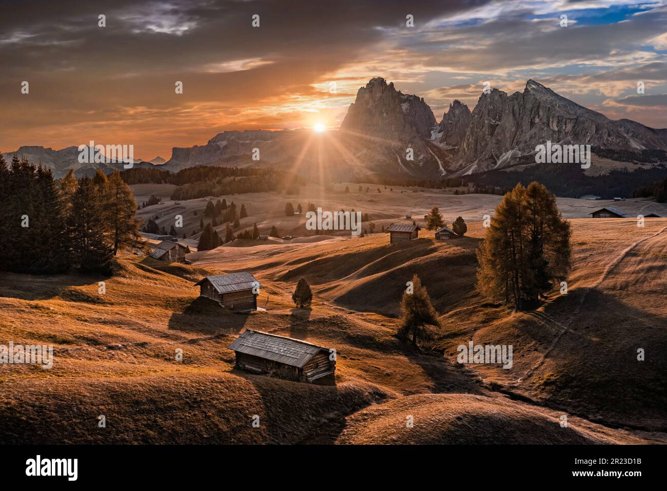 Alpe di Siusi, Italy - Aerial panoramic view of wooden cottages at ...