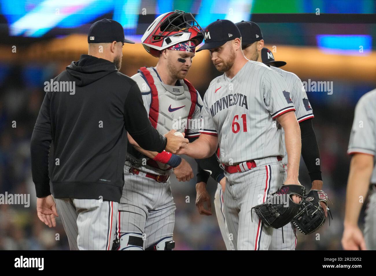 Minnesota Twins relief pitcher Brock Stewart (61) is removed from the ...