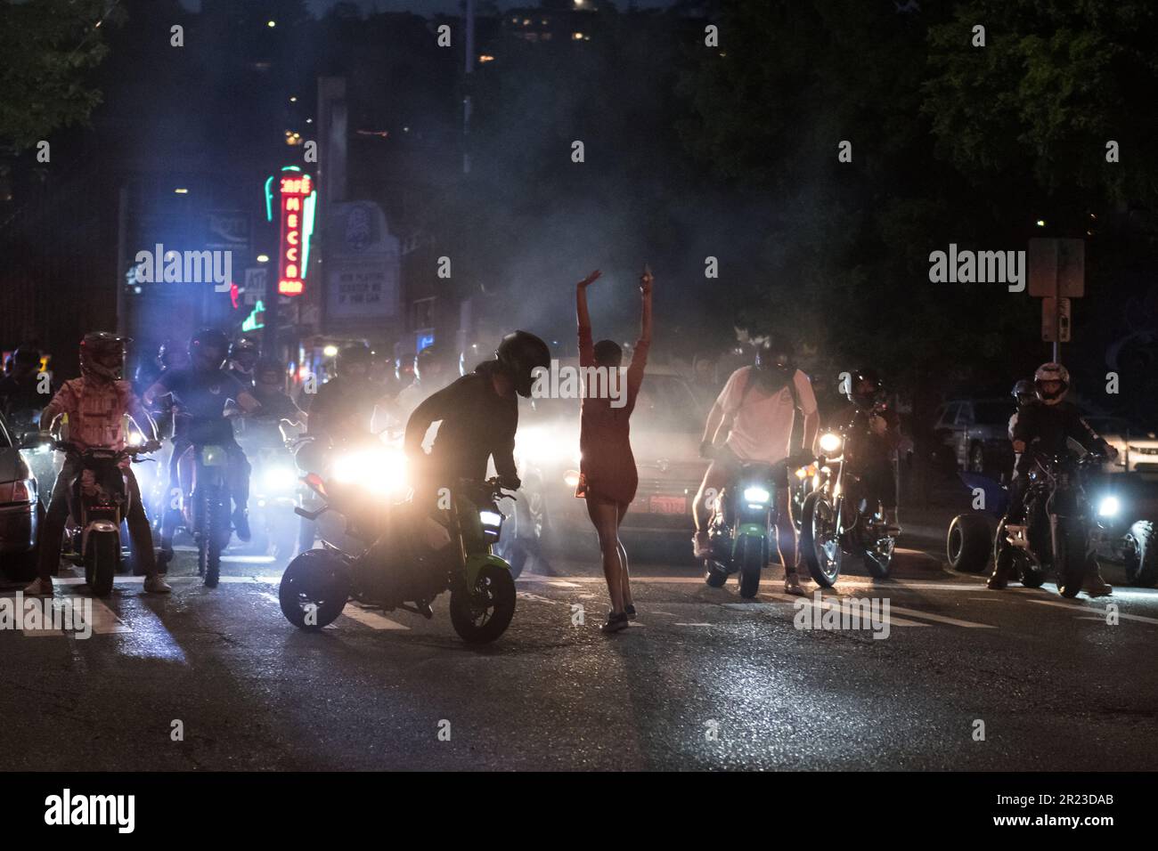 Seattle, USA. 16 May, 2023. Just after 8:00pm over 40 street bikes ...