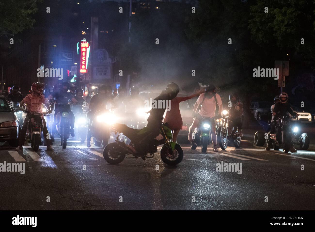 Seattle, USA. 16 May, 2023. Just after 8:00pm over 40 street bikes ...