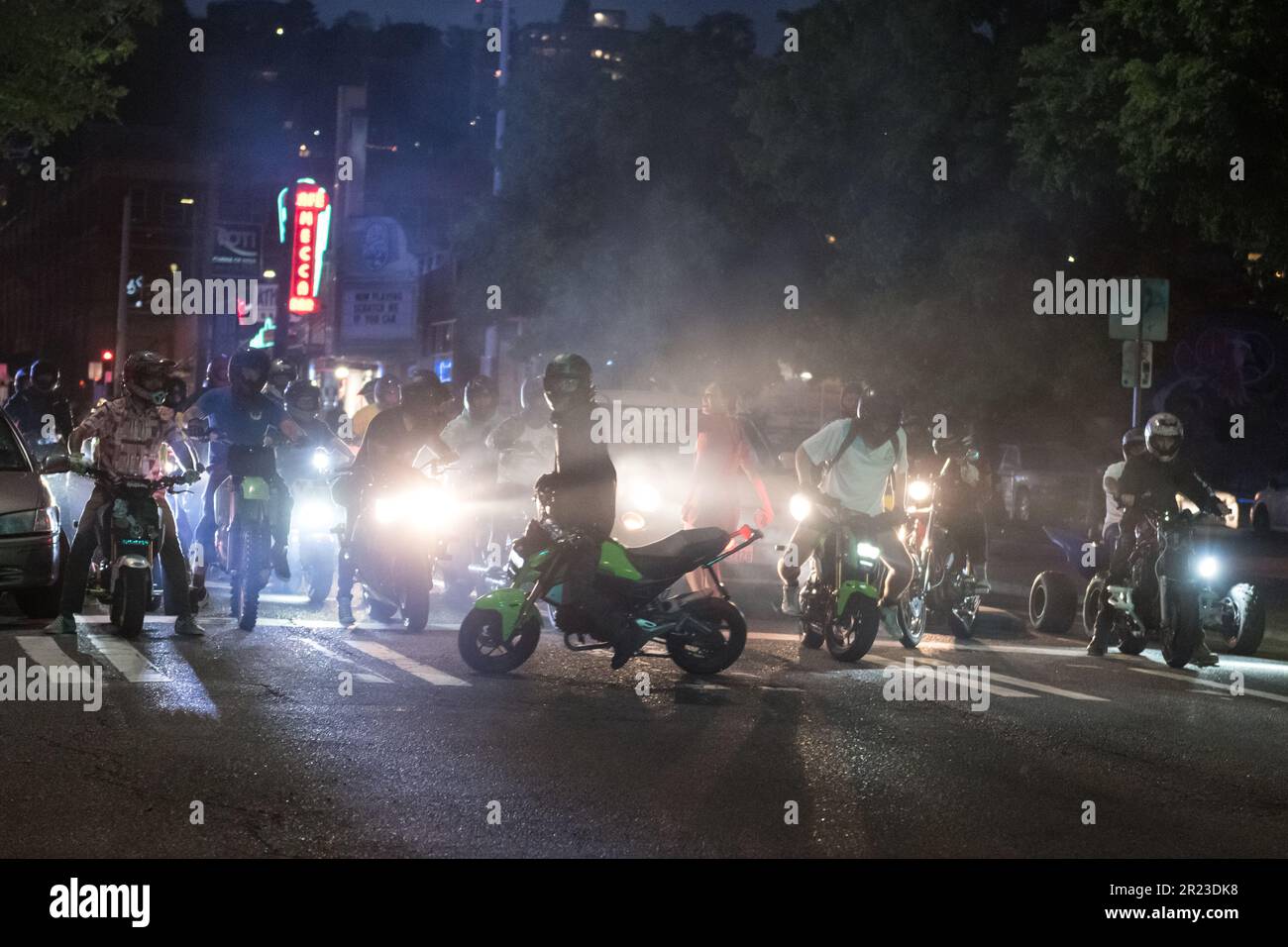 Seattle, USA. 16 May, 2023. Just after 8:00pm over 40 street bikes ...