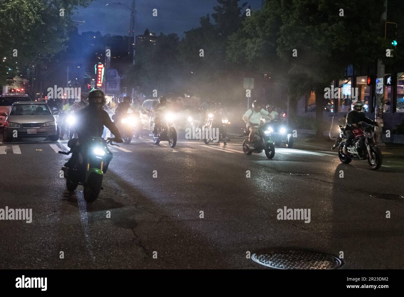 Seattle, USA. 16 May, 2023. Just after 8:00pm over 40 street bikes ...