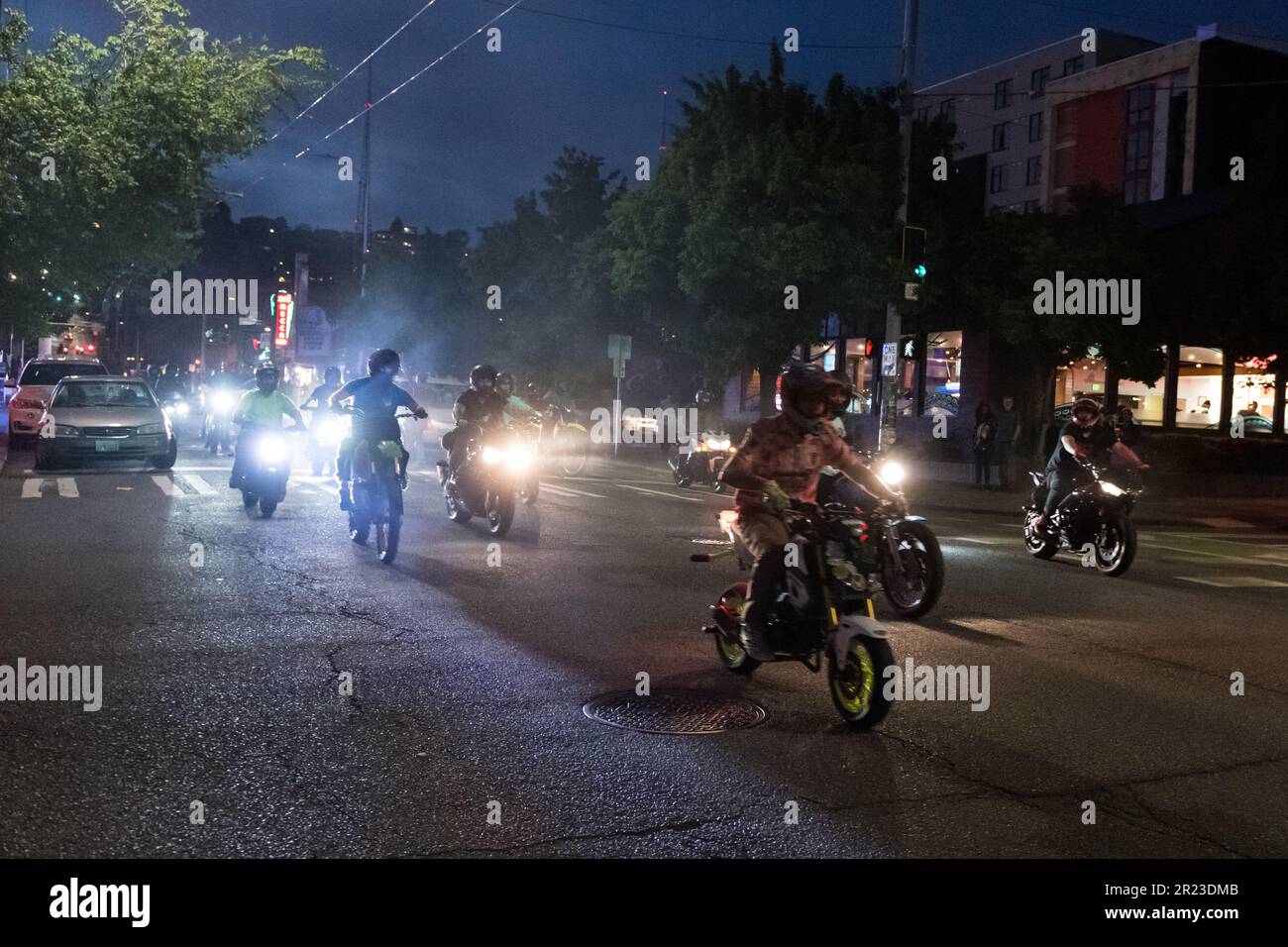 Seattle, USA. 16 May, 2023. Just after 8:00pm over 40 street bikes ...