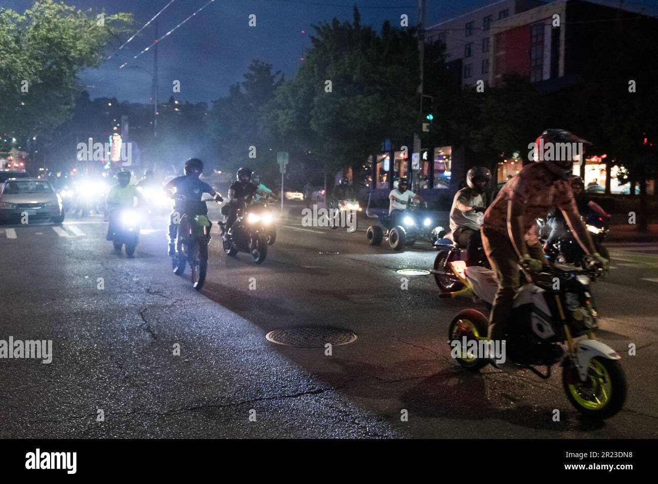 Seattle, USA. 16 May, 2023. Just after 8:00pm over 40 street bikes ...