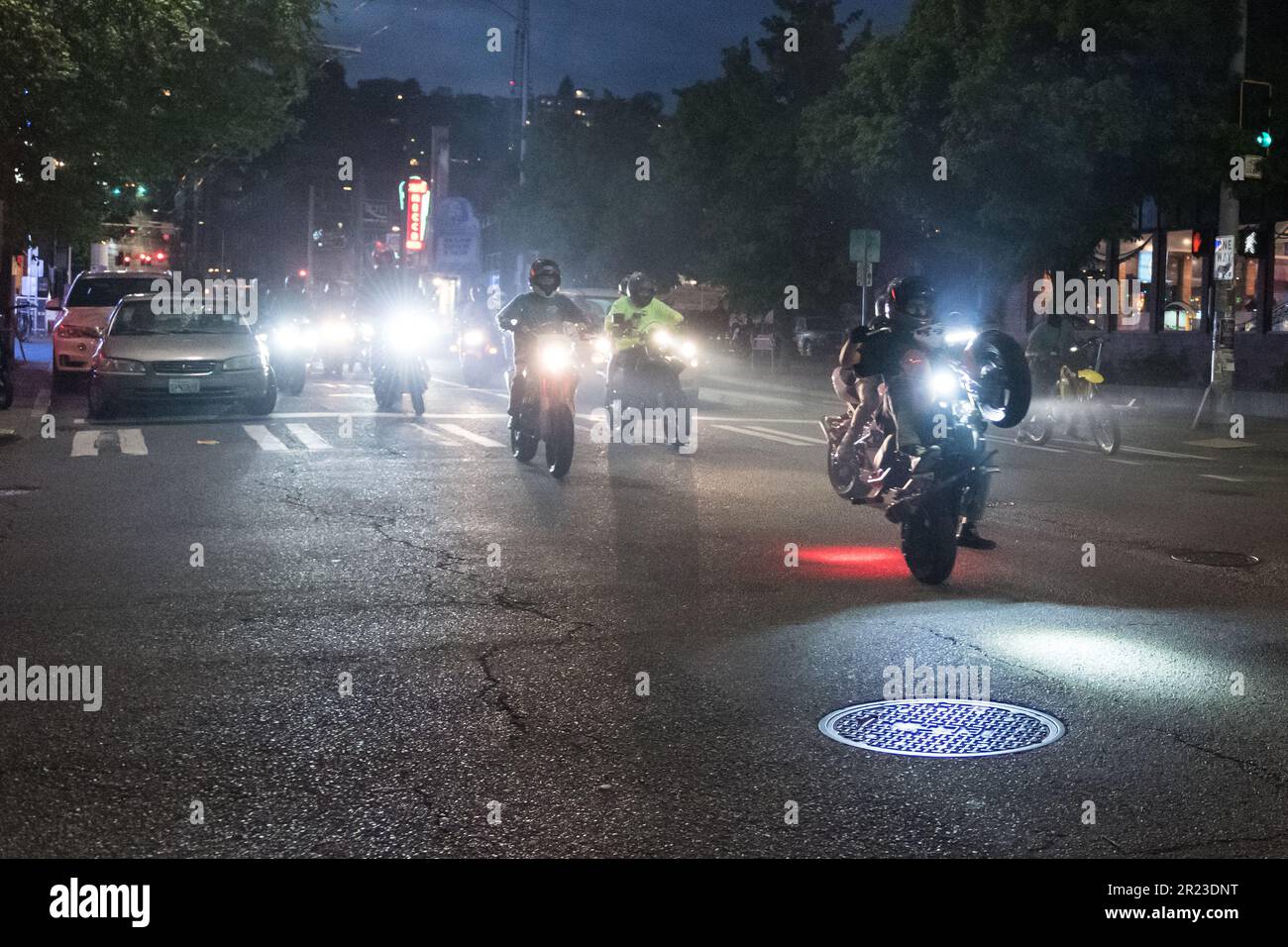 Seattle, USA. 16 May, 2023. Just after 8:00pm over 40 street bikes ...