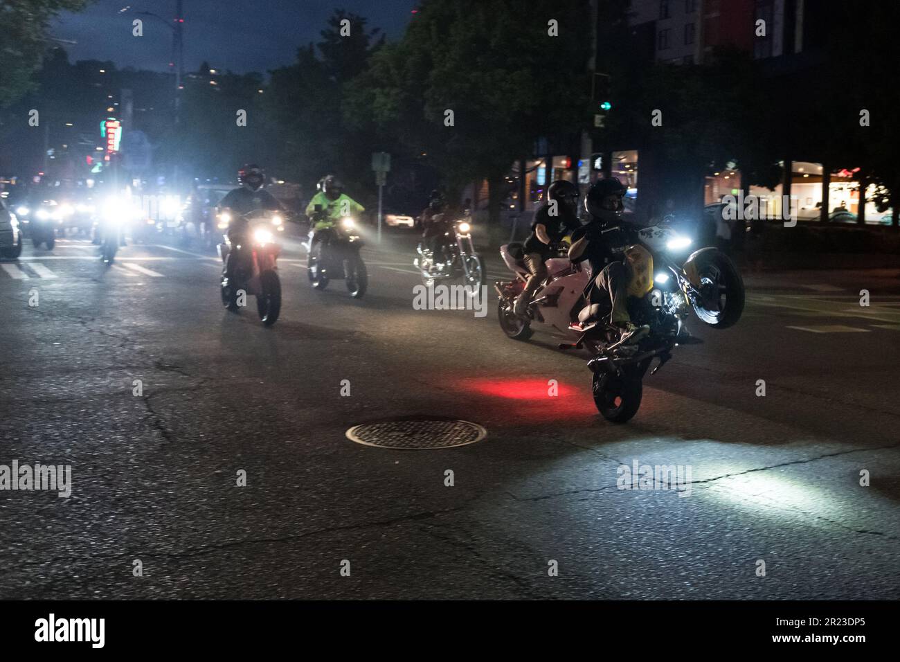 Seattle, USA. 16 May, 2023. Just after 8:00pm over 40 street bikes ...