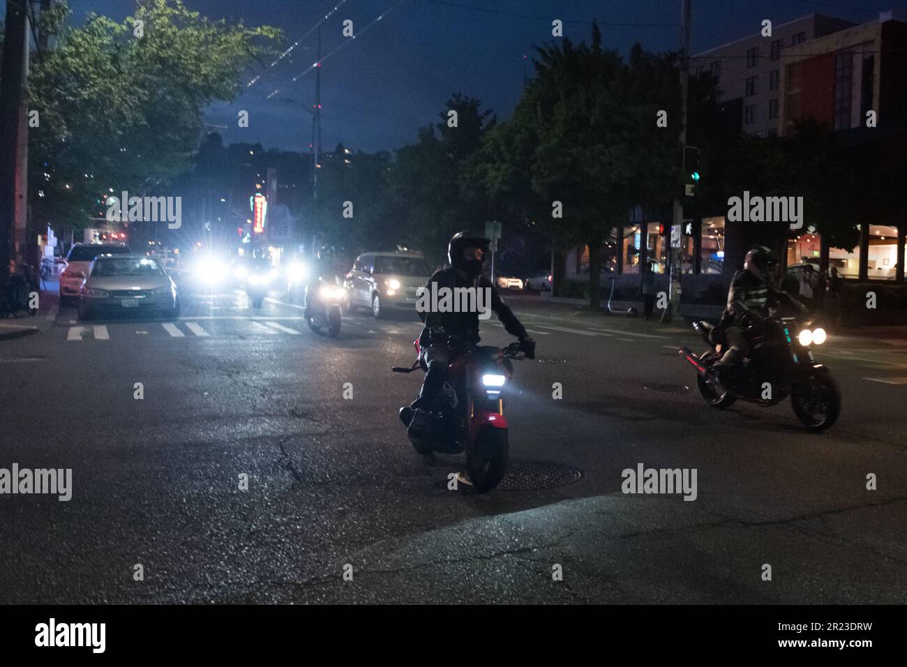 Seattle, USA. 16 May, 2023. Just after 8:00pm over 40 street bikes ...