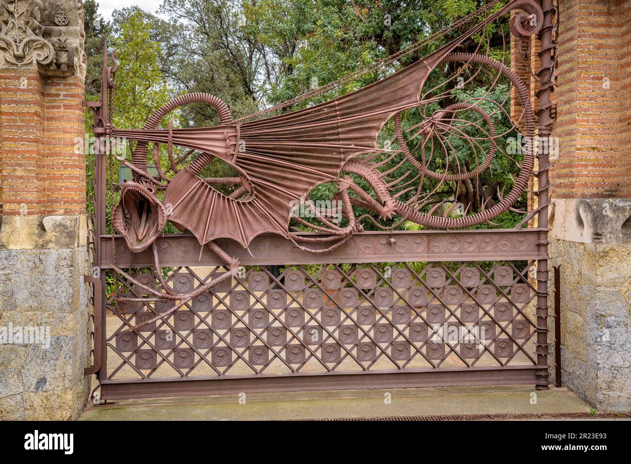 Wrought iron fence in the Güell Pavilions, a work by Gaudí, with the ...