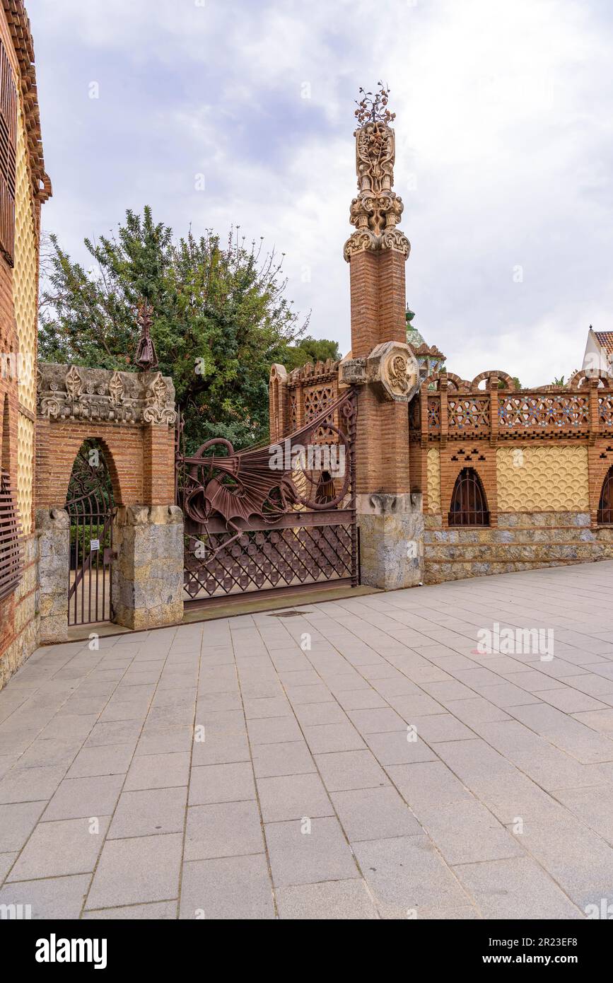 Wrought iron fence in the Güell Pavilions, a work by Gaudí, with the ...