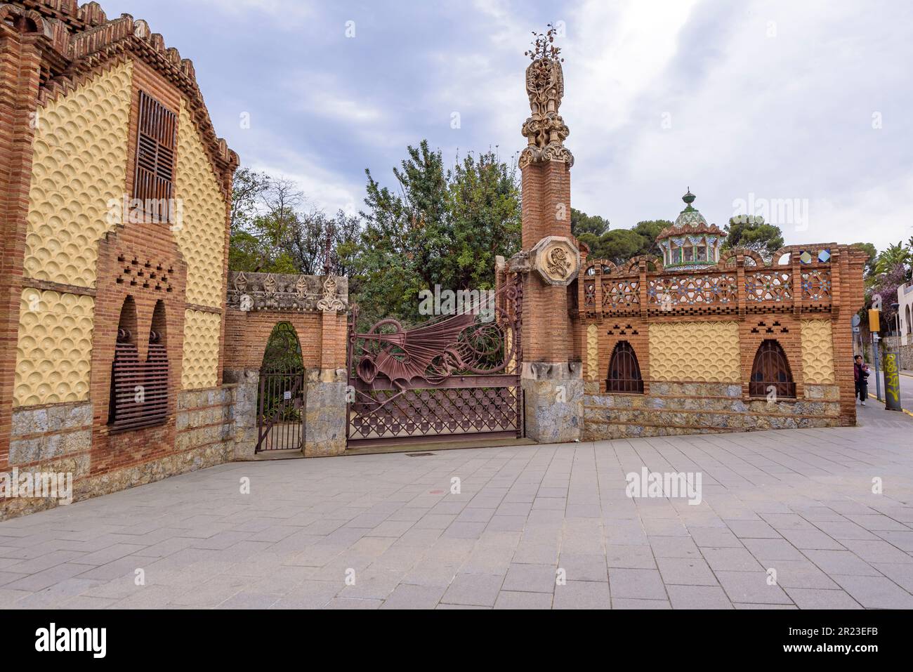 Wrought iron fence in the Güell Pavilions, a work by Gaudí, with the ...
