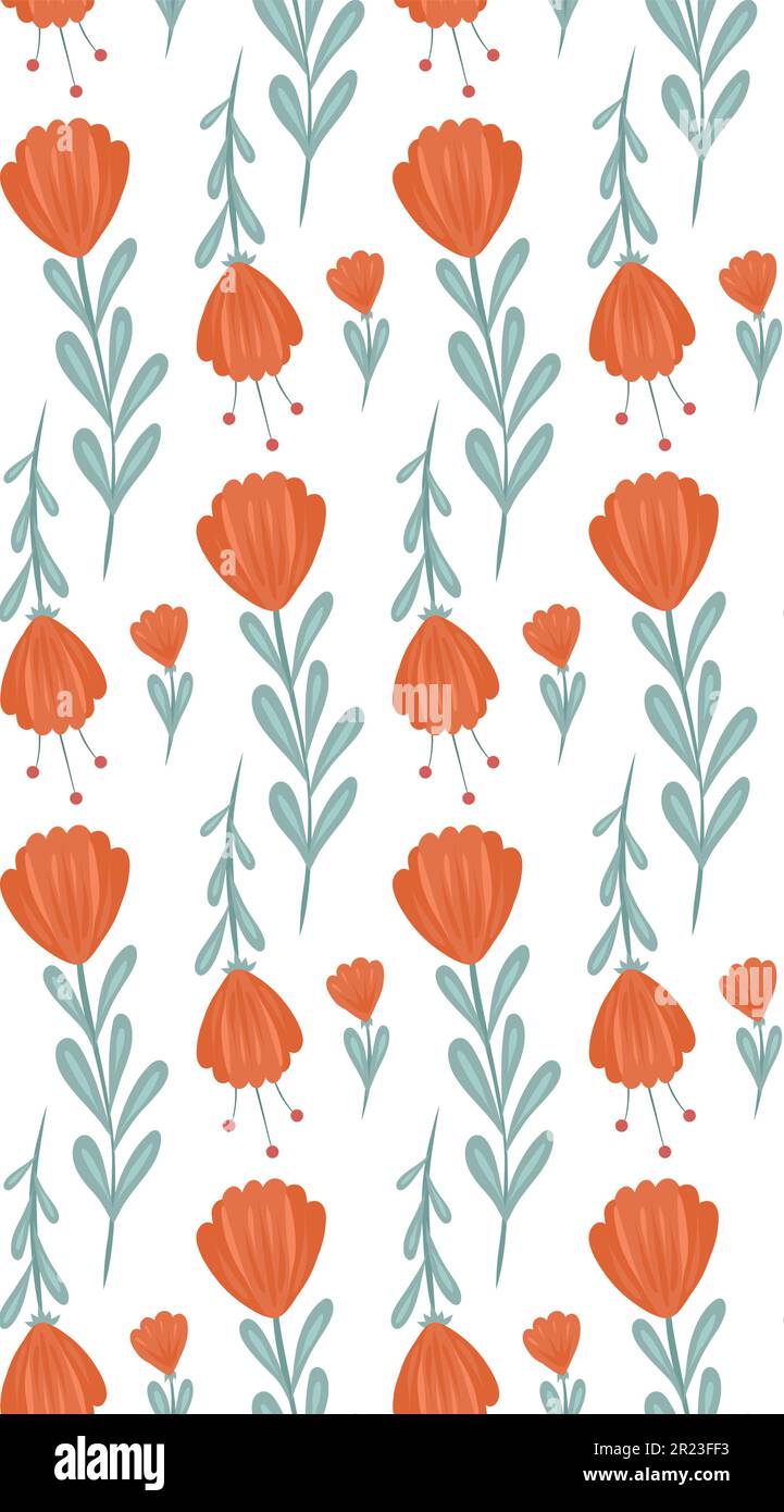 Vector seamless pattern with simple orange folk art flowers and stems ...