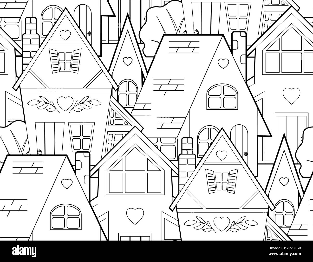Seamless vector pattern with contour country houses. Monochrome ...