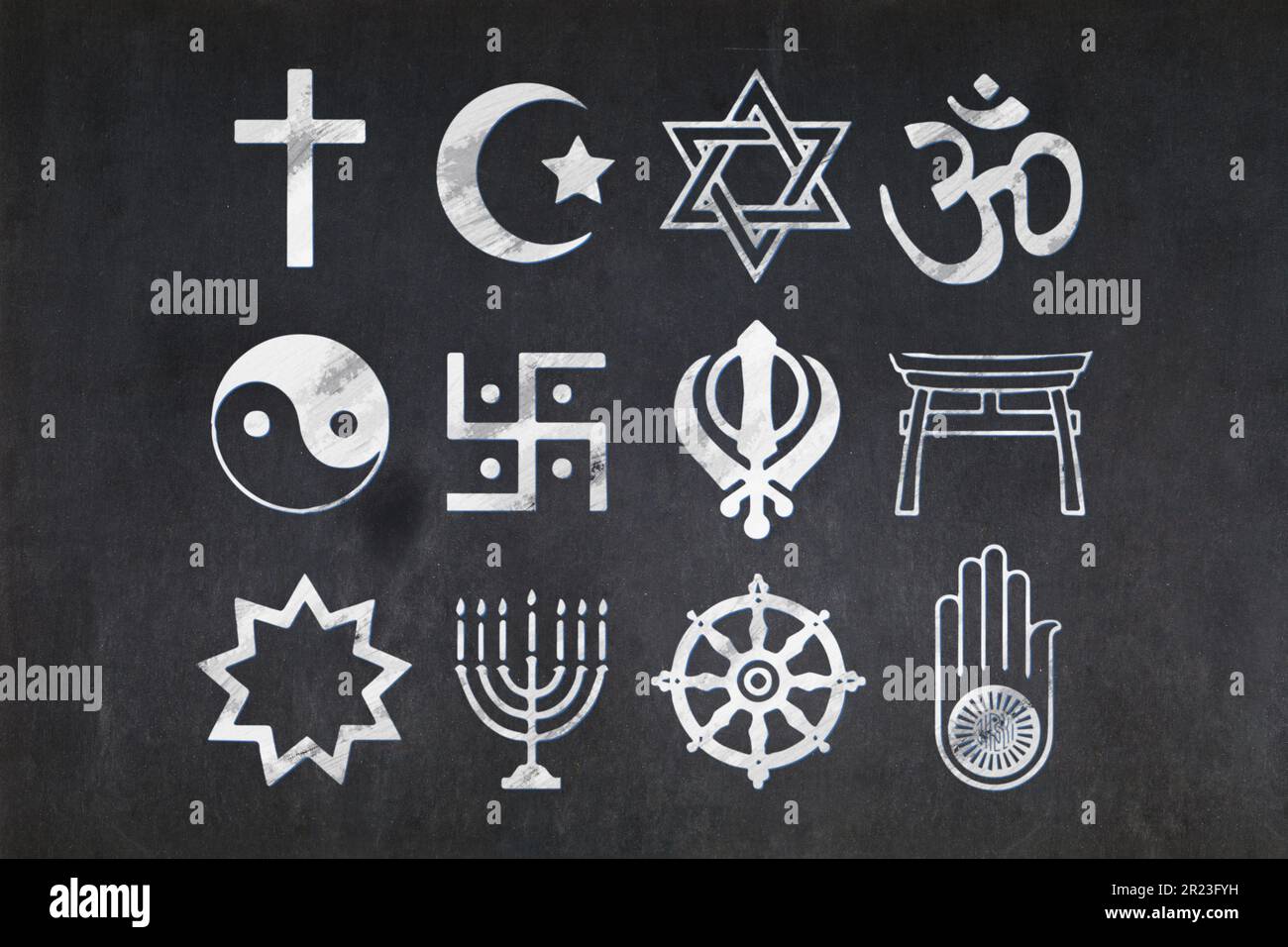 Blackboard with a the main religious symbols drawn in the middle Stock ...