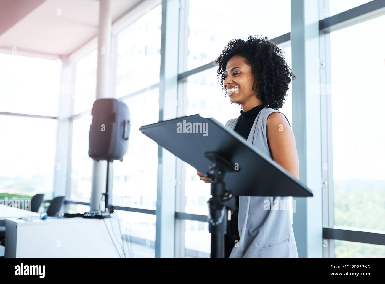 Meeting, presentation and female presenter in the office boardroom for ...