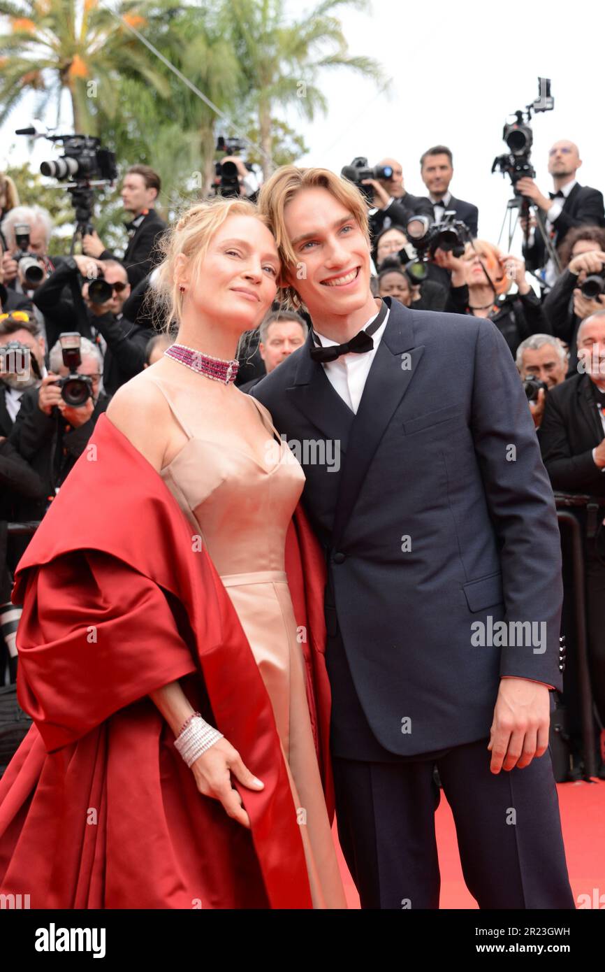 May 16, 2023, CANNES, France: CANNES, FRANCE - MAY 16: Levon Roan Thurman-Hawke and Uma Thurman ...