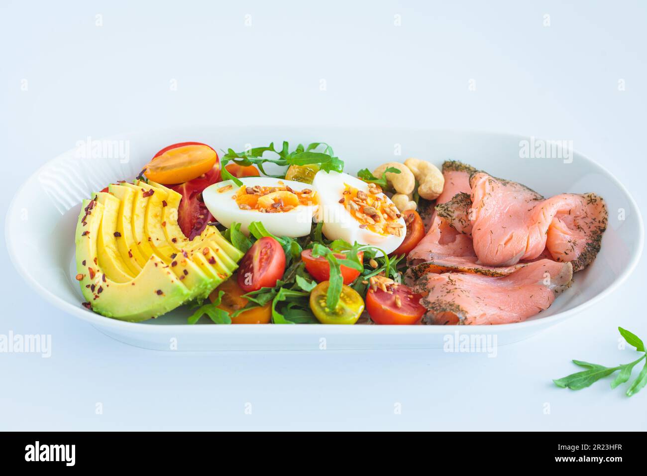 Keto breakfast of salmon, eggs, avocado and nuts on a white plate ...