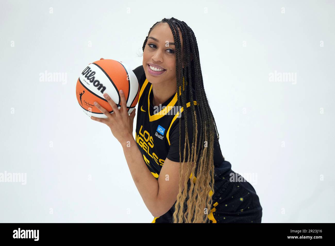 LA Sparks forward Dearica Hamby (5) poses during media day, Thursday ...
