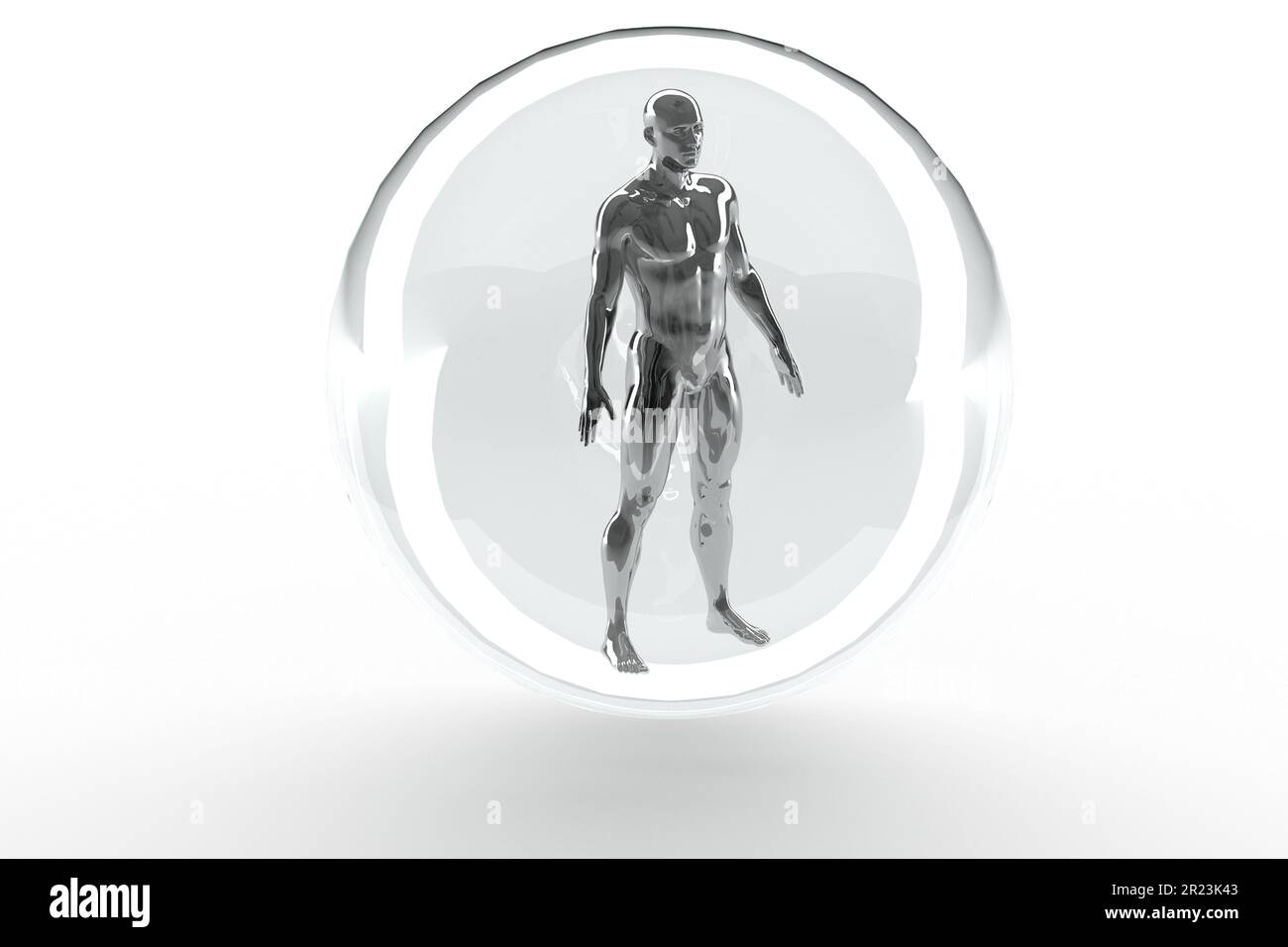 3D illustration of a male silver body on a white background. Metal ...