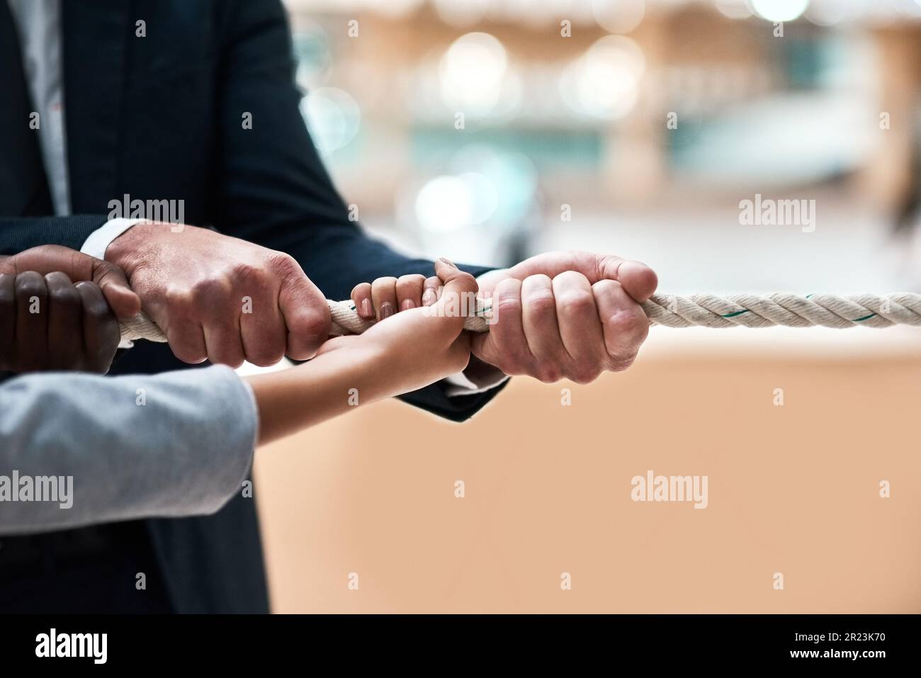 Hands, collaboration and rope with a business team pulling during a ...