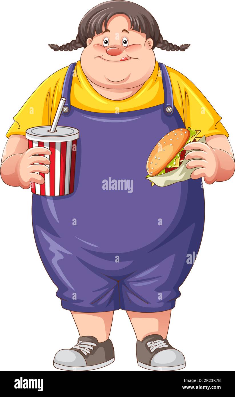 Overweight Woman Holding Fast Food Cartoon Character Illustration Stock