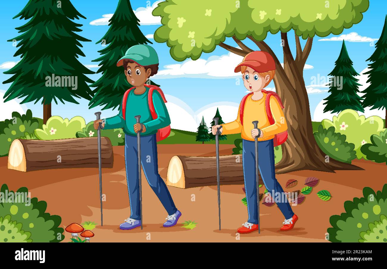 Teenage Boys Trekking Through The Forest Illustration Stock Vector
