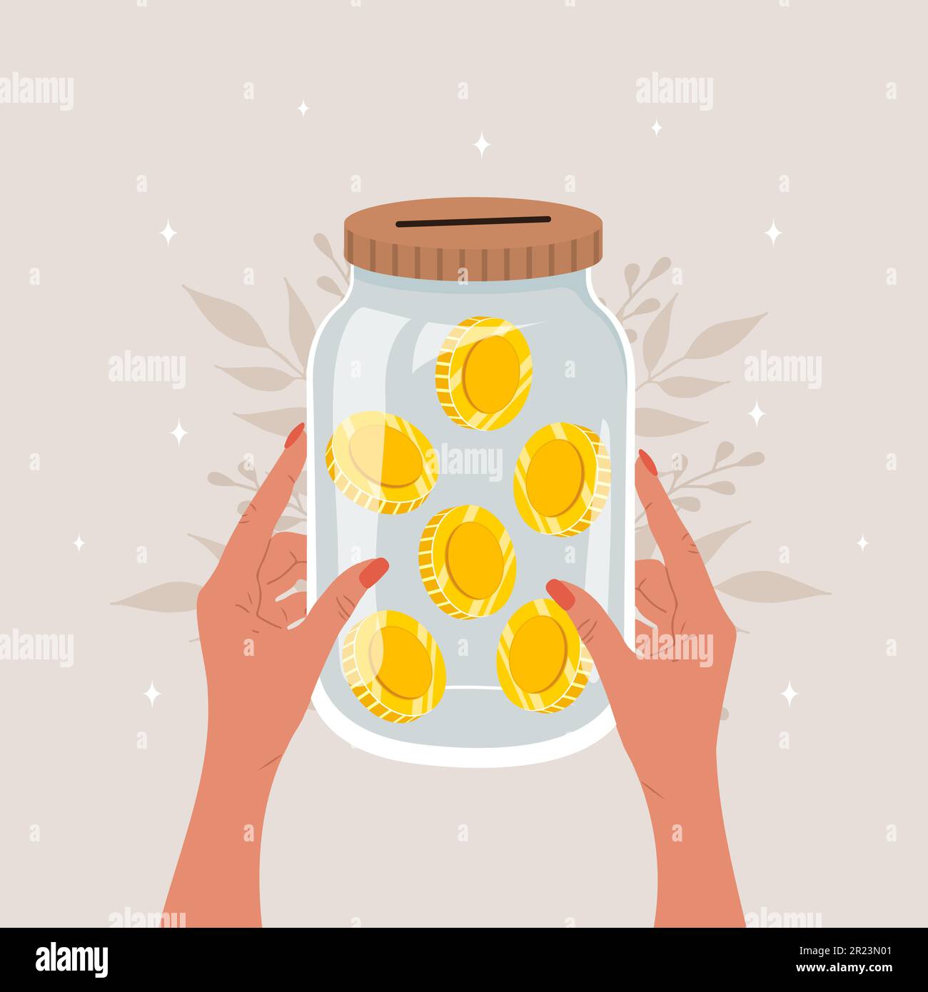 Donation money concept. Female hands holding glass jar full of gold ...