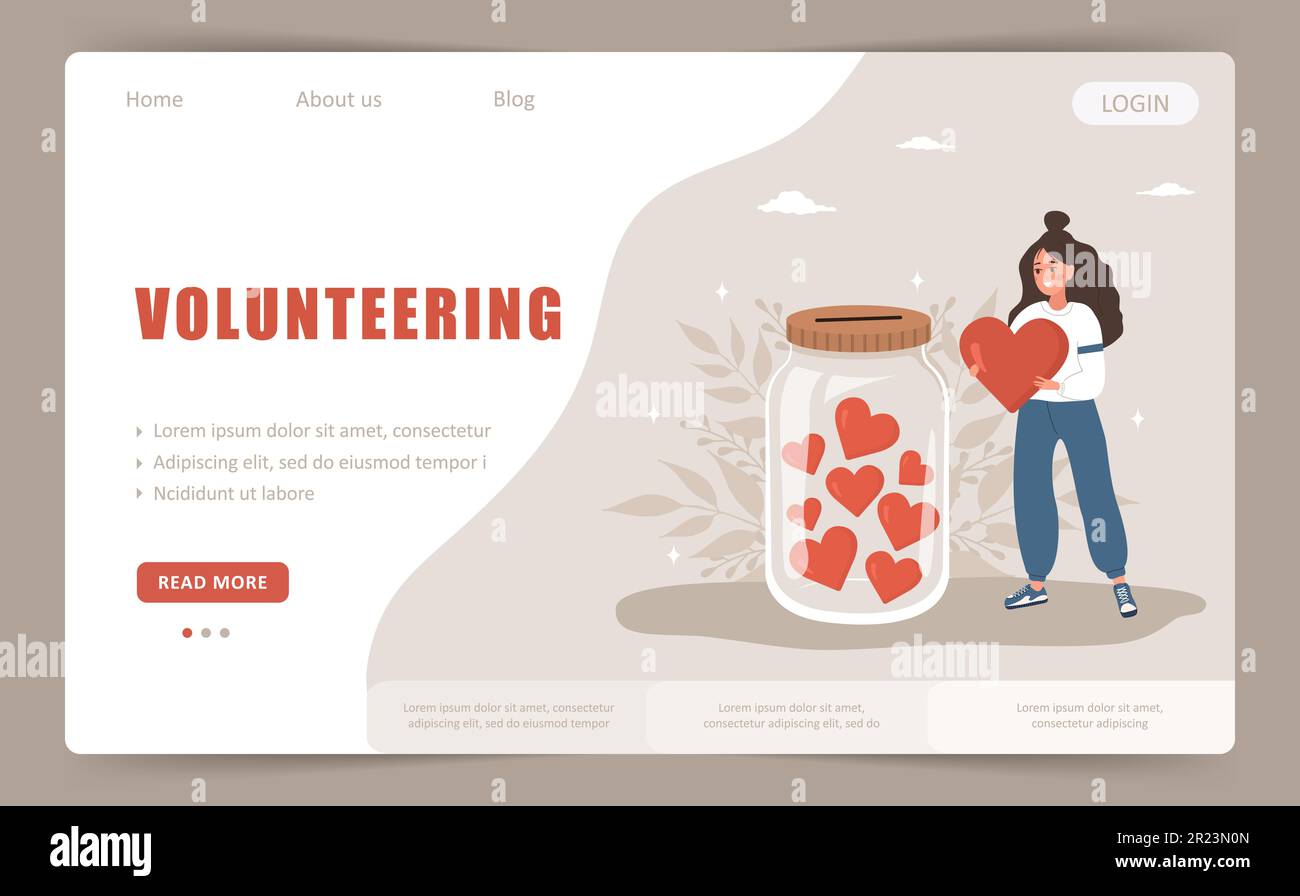 Volunteering landing page template. Woman throw heart in glass jar with ...
