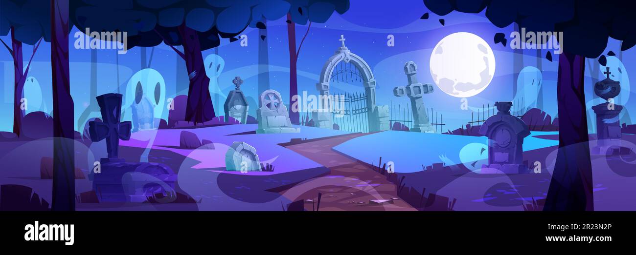 Haunted gothic cemetery at night. Vector cartoon illustration of ghost ...