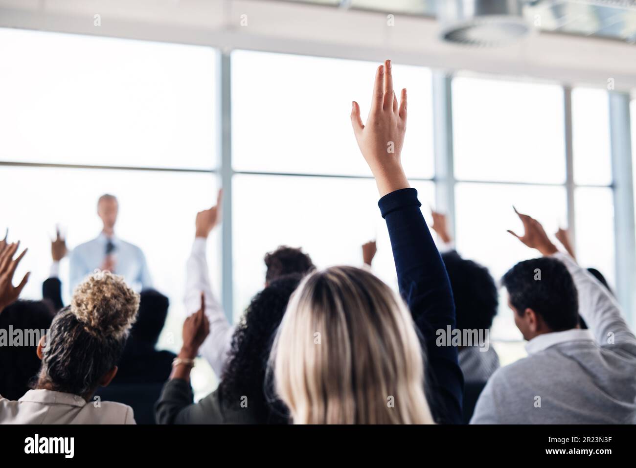 Conference, convention and business people with hands for a question ...