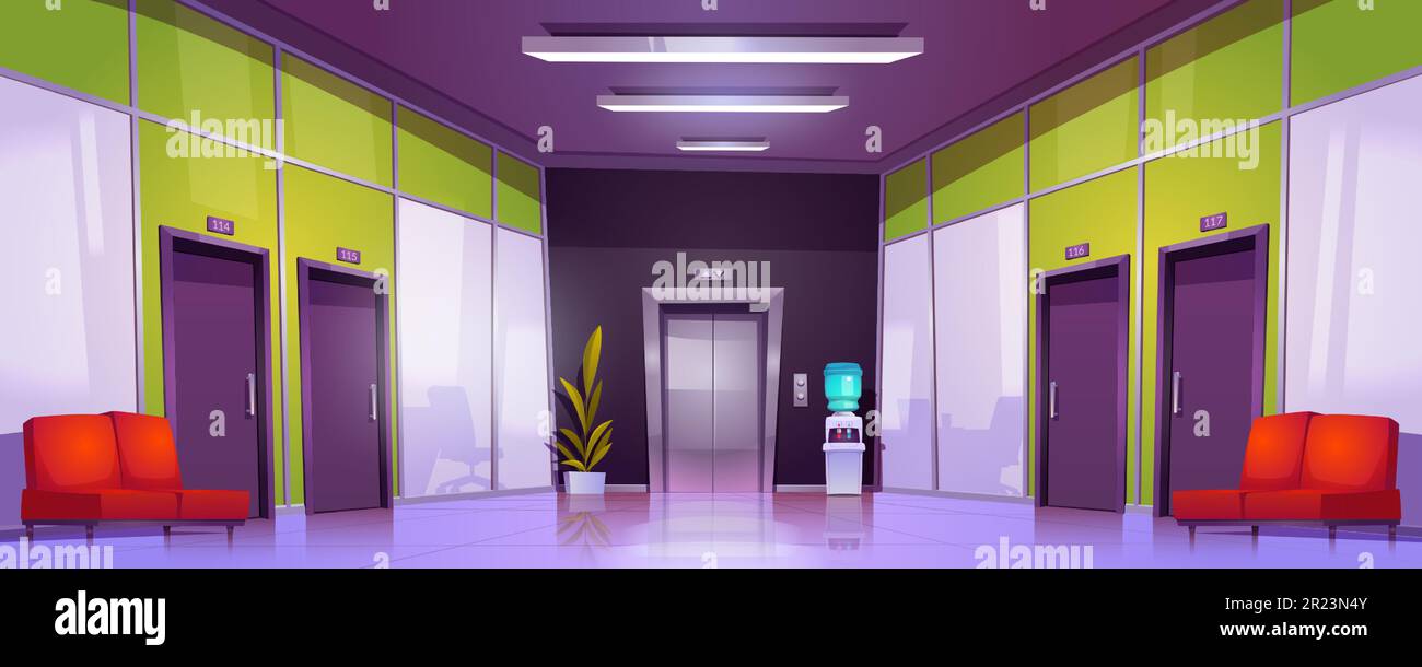Office building corridor interior with rooms doors and elevator. Empty ...