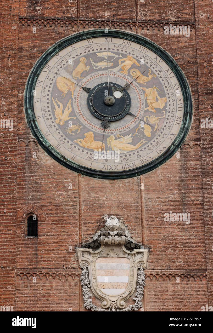 Clock on the Medieval Bell Tower of Cremona known as the Torrazzo ...