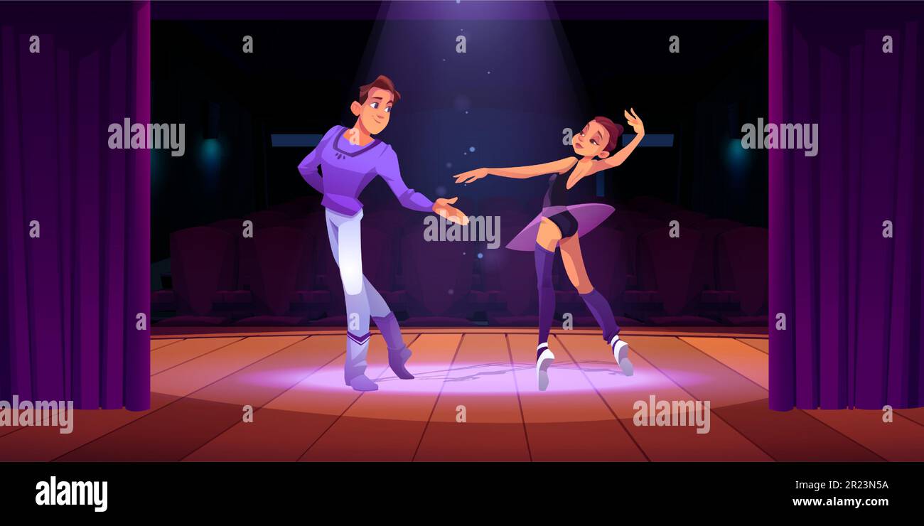 Couple dance ballet on theater stage cartoon background. Theatre scene ...