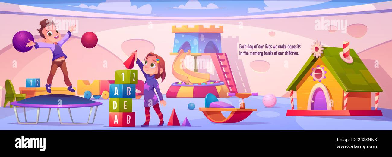 Children on playground in kindergarten. Vector cartoon interior with ...