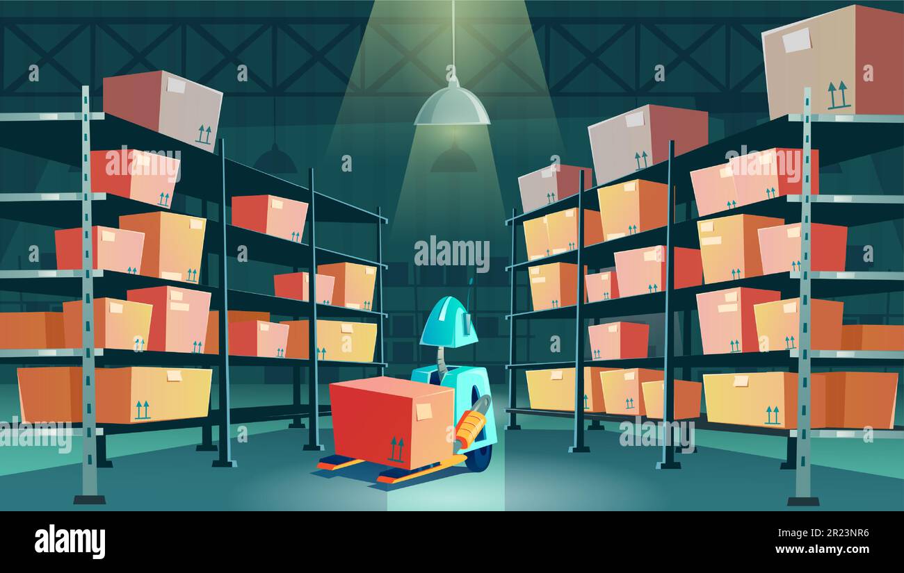 Warehouse robot with cardboard box. Vector cartoon interior of robotic ...