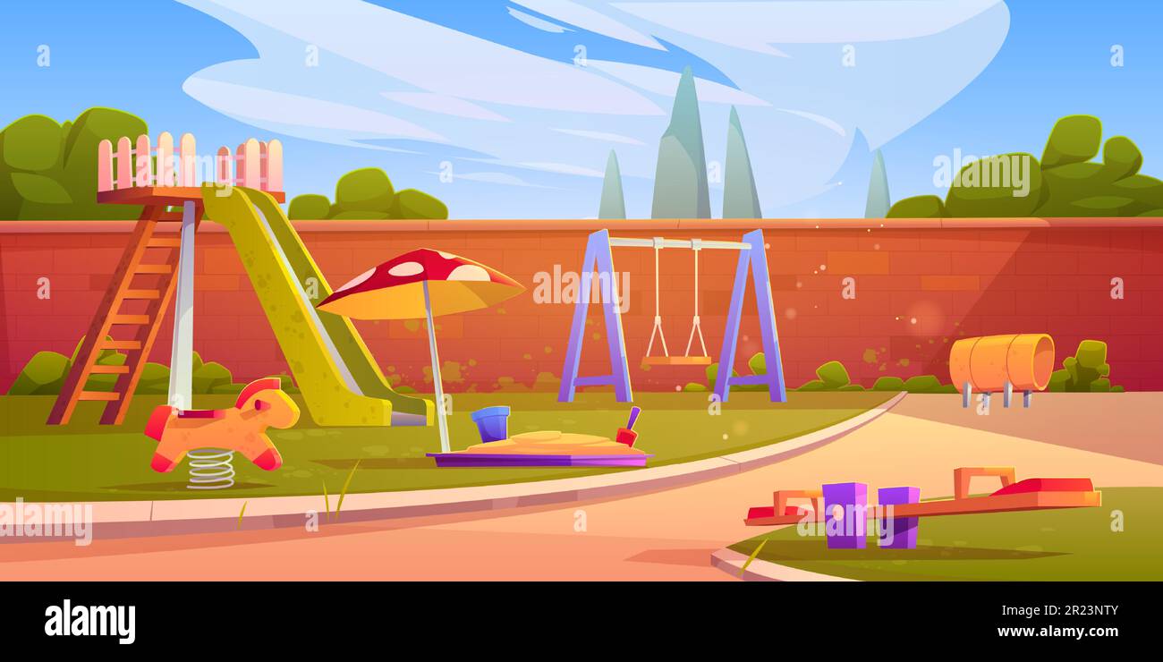 Kids playground in summer park, garden or backyard with slide, sandbox ...