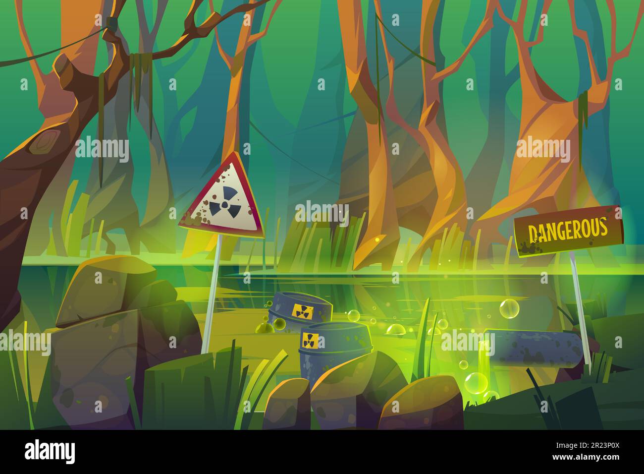 Stench dirty swamp with wastewater pipe, toxic waste barrels and ...