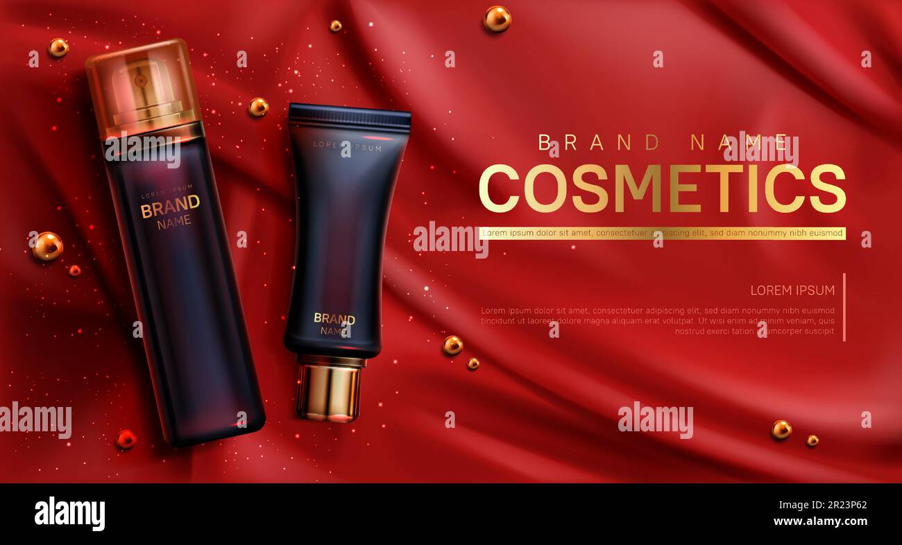 Cosmetics bottles mockup banner. Beauty body care product on red silk ...