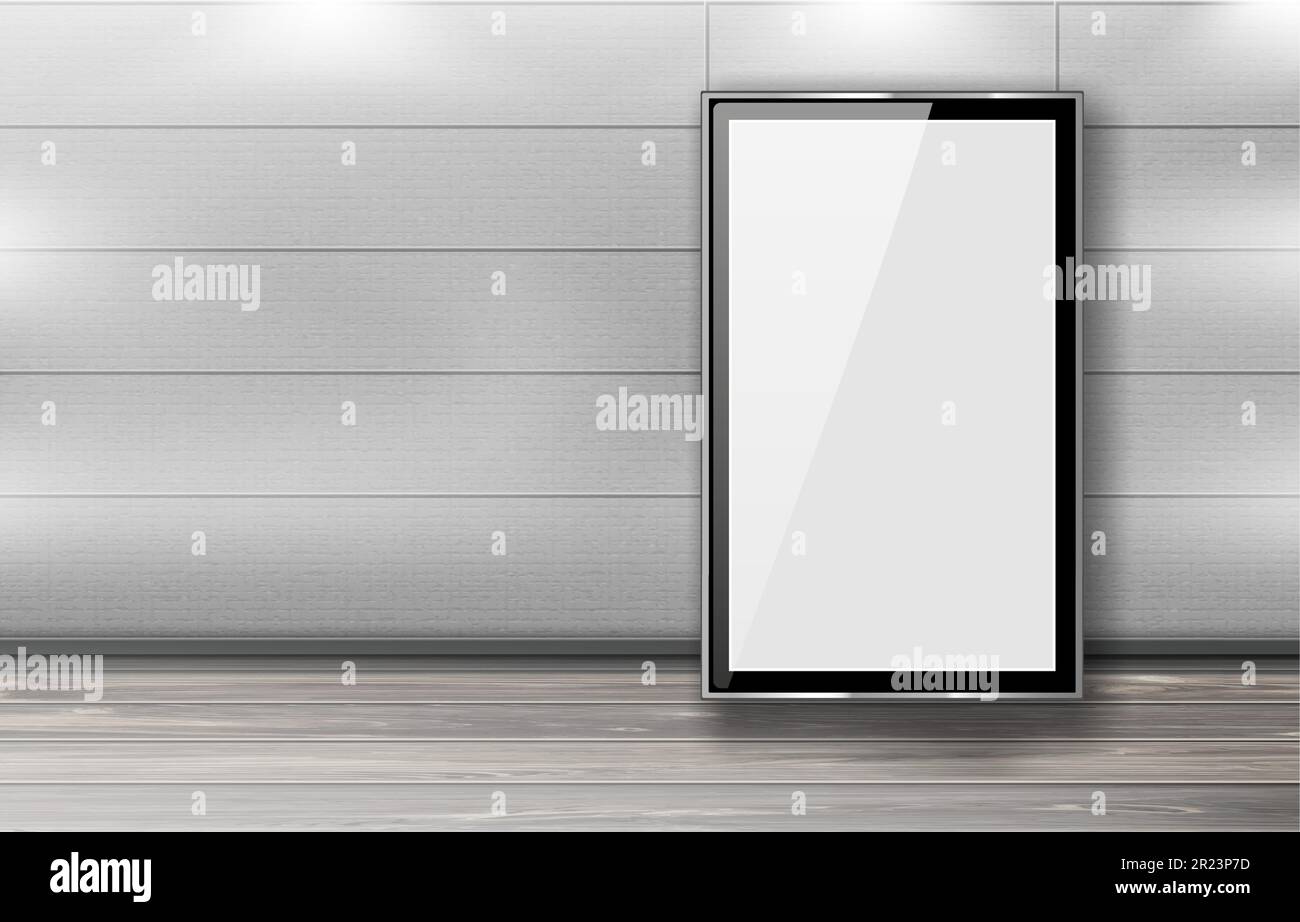 Blank billboard display along wall in office hallway. Empty lobby ...