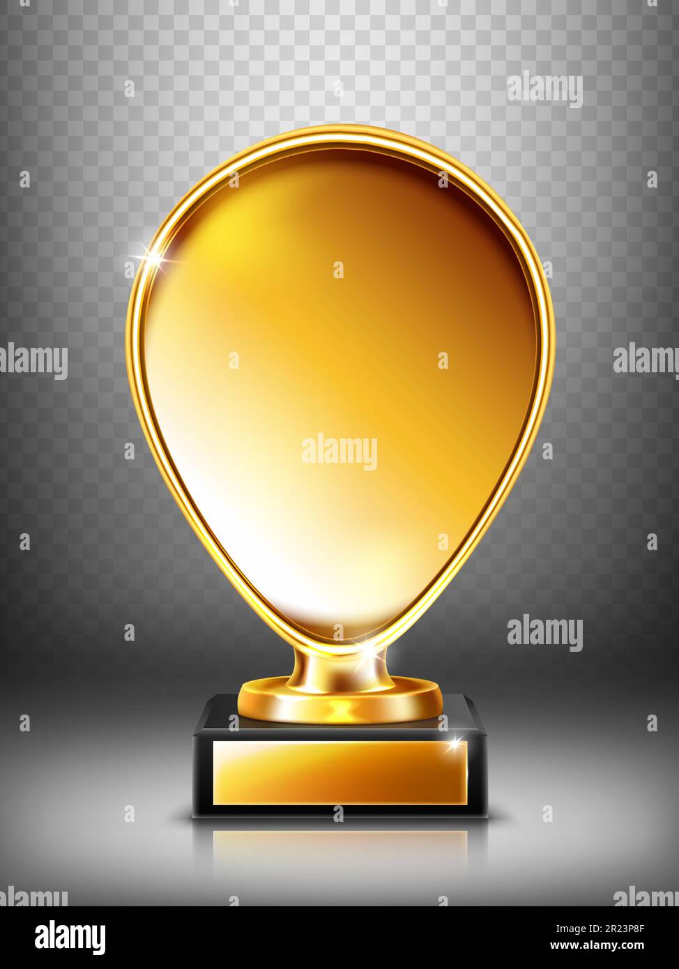 Cup, golden trophy on pedestal with nameplate. Isolated gold shiny metal goblet. Award prize for ...