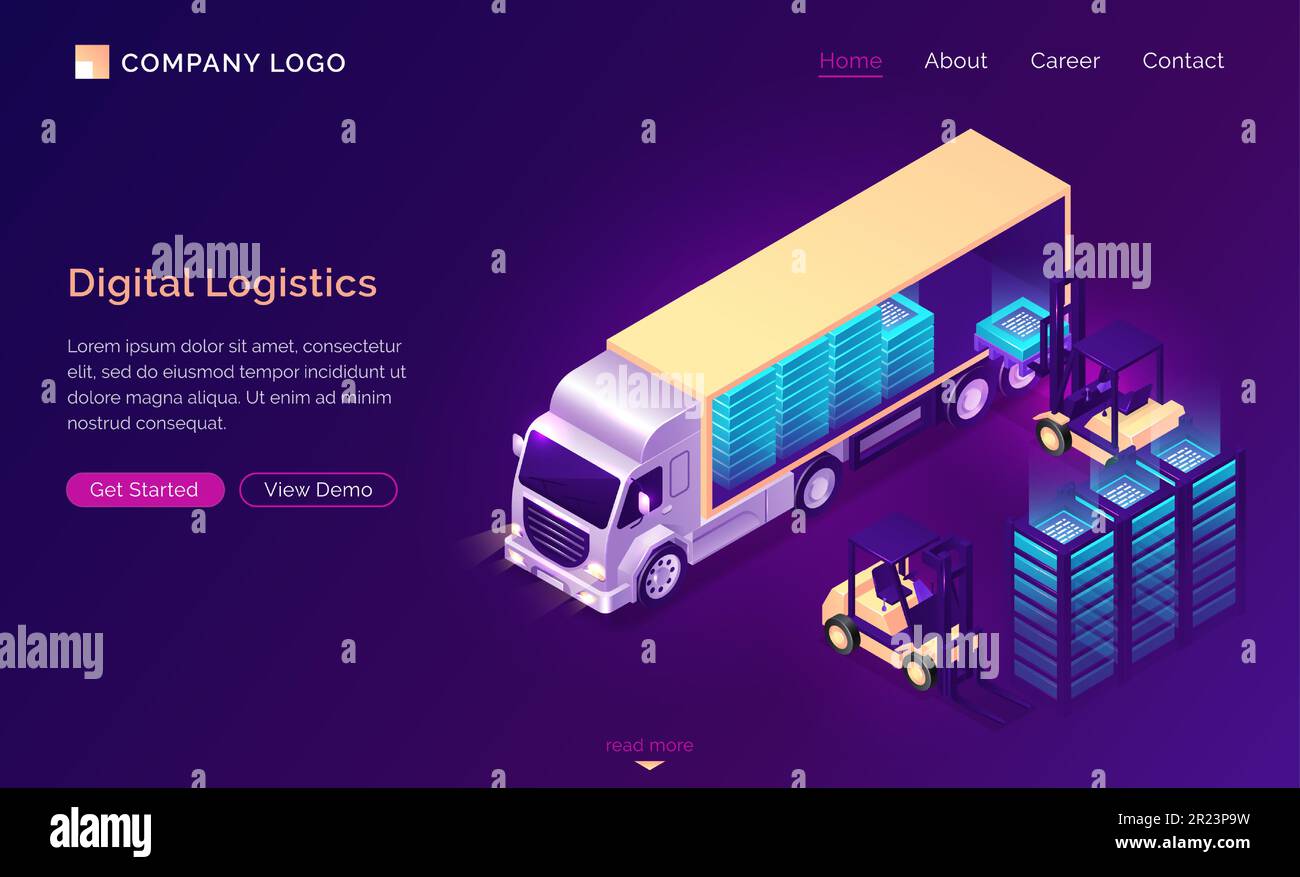 Digital logistics isometric landing page. Truck delivery datum blocks ...