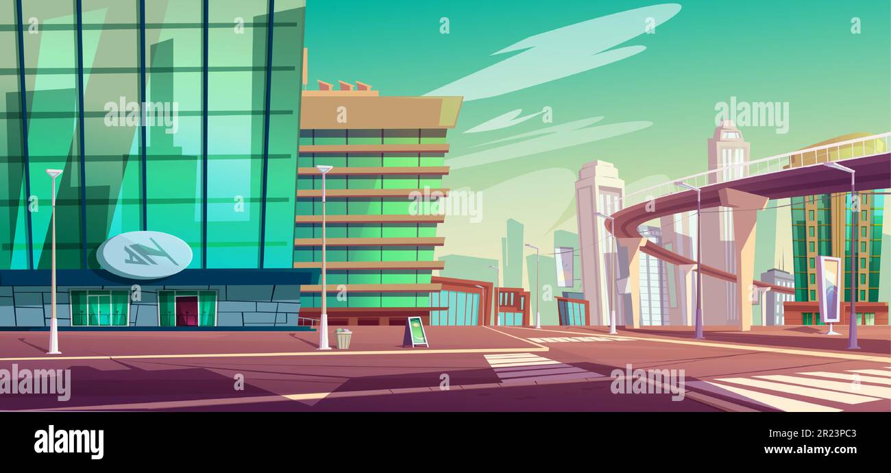 Cityscape with crossroad, overpass highway or subway and skyscrapers ...